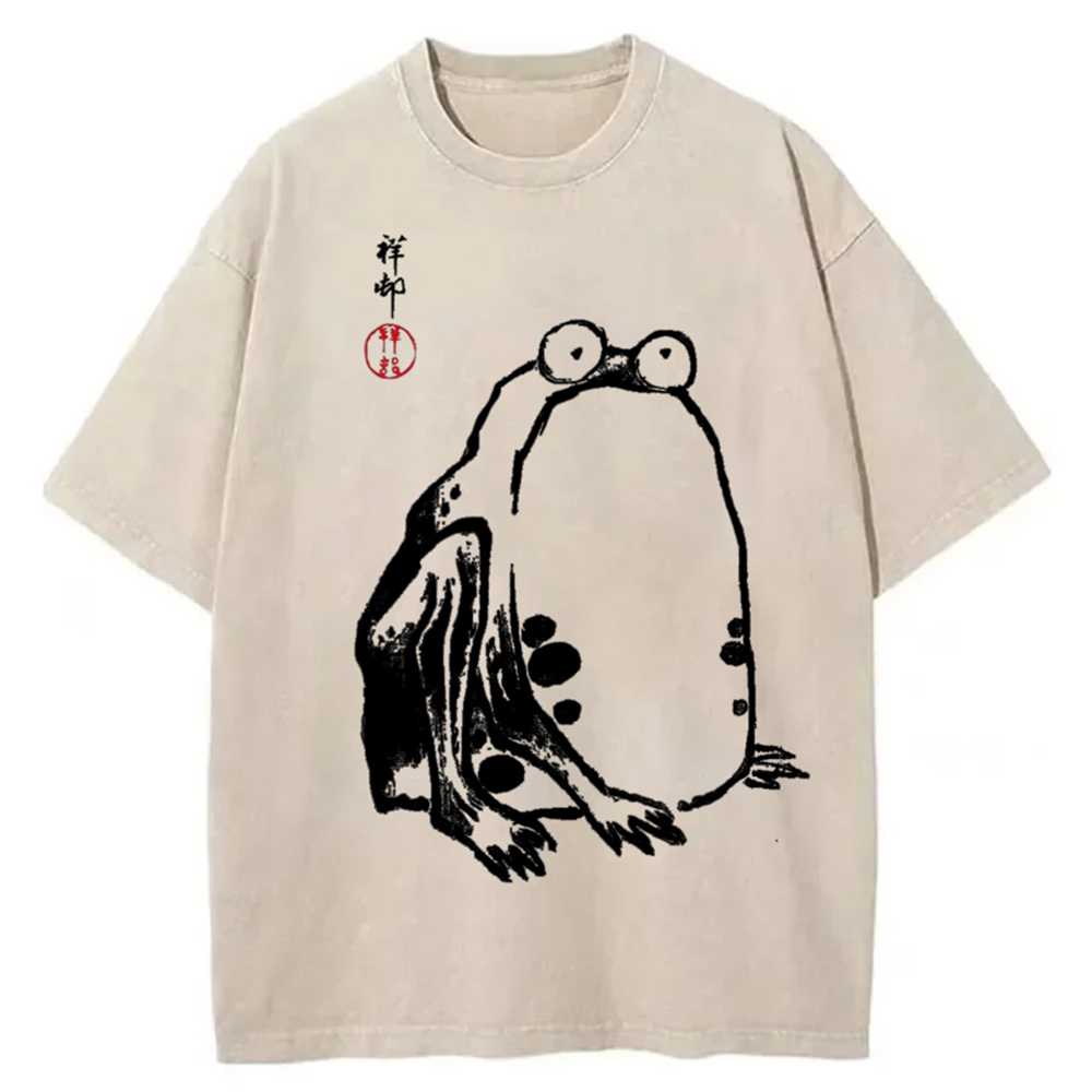 Tokyover Grumpy Frog Aesthetic Japanese Art Washed Unisex T-Shirt