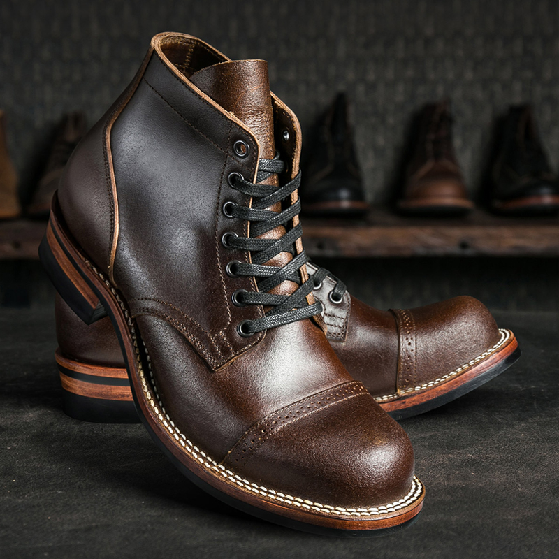 Vintage Lace-Up Handmade Cinnamon Bacon Leather Outside-Seam Work Boots