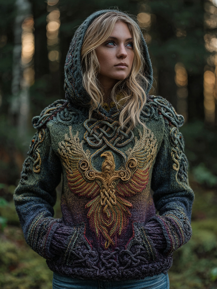 Women's Celtic Knot Myth Phoenix Embroidered Ombre Hooded Sweater
