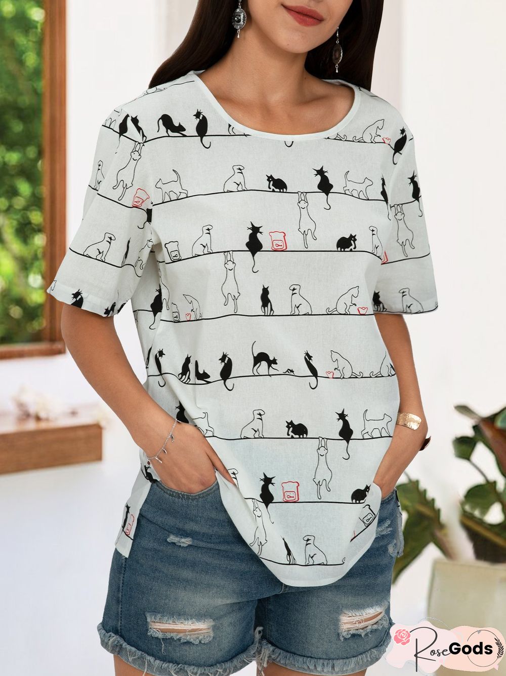 Green Cartoon Cat Shift Casual Top