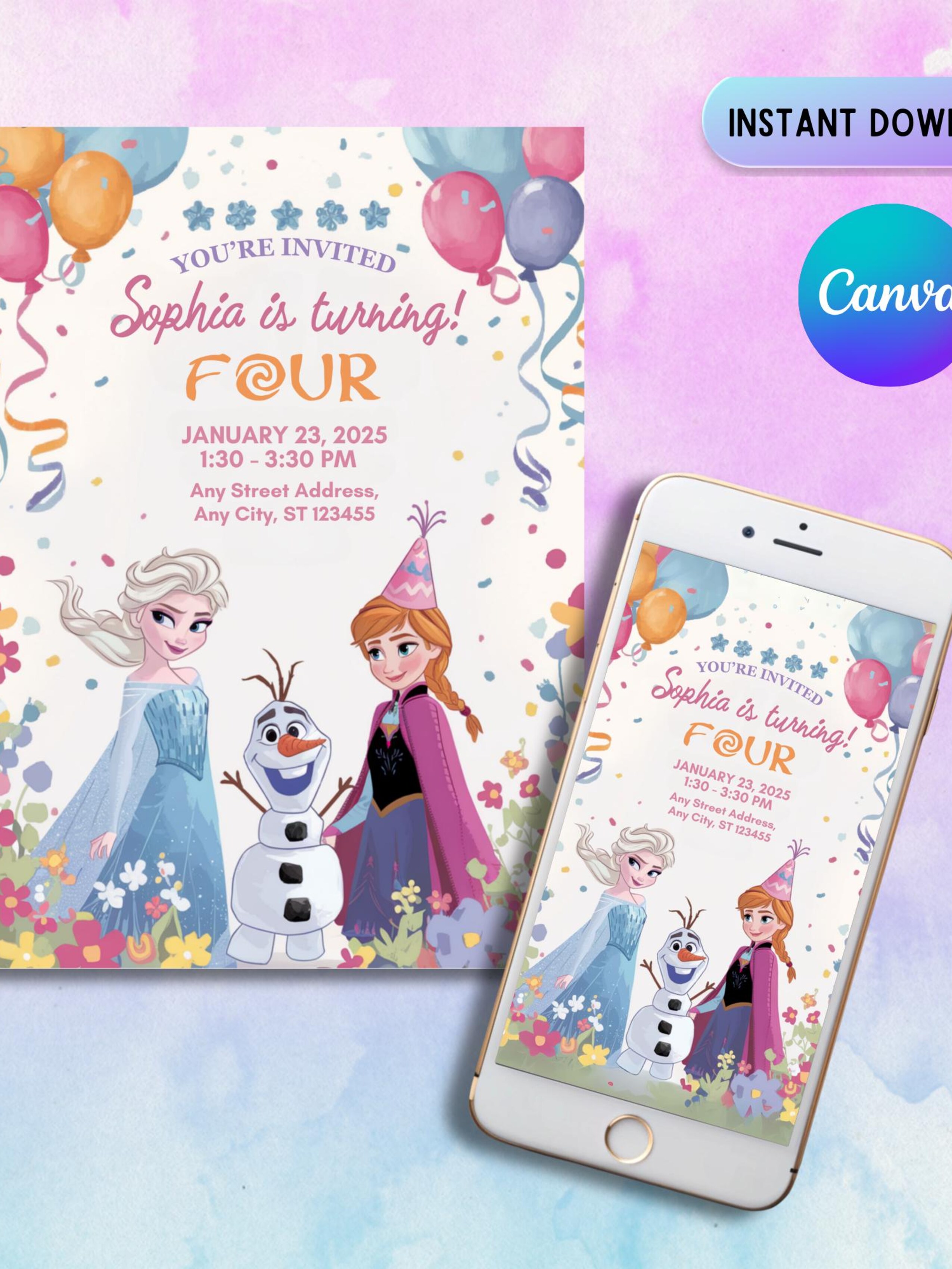 Frozen Birthday Invitation: Anna, Elsa, Olaf, Canva Template (Digital ...