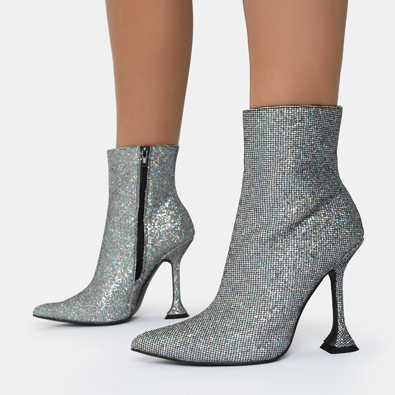 Hmn Pointed Toe Rhinestone Flared Heel Boots In Silver