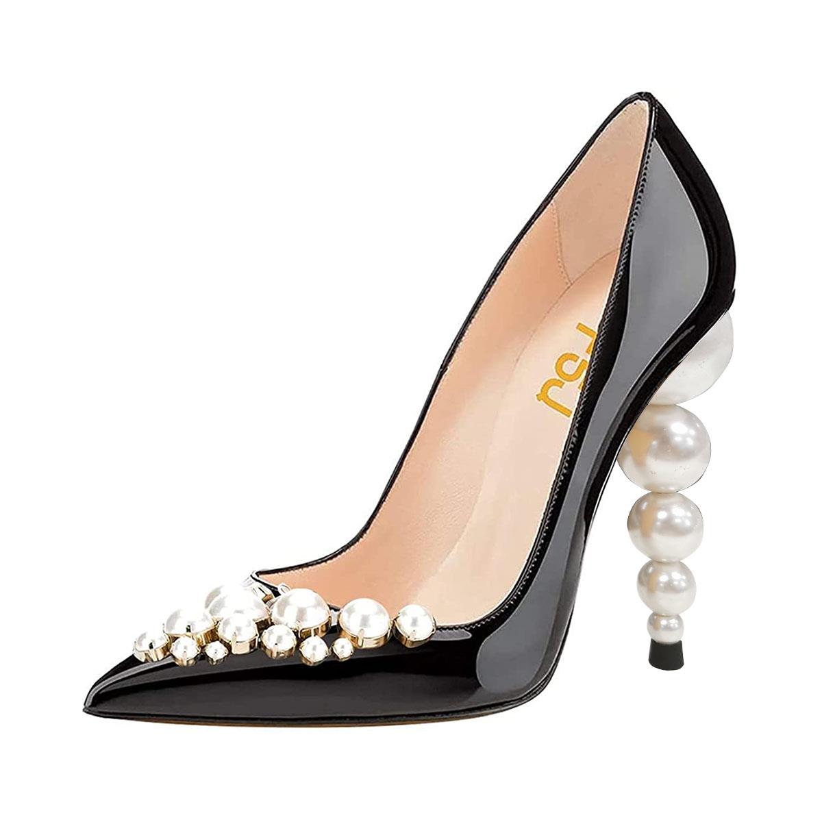 Black Patent Leather Pointed Toe Decorative Heel Pearl Pumps