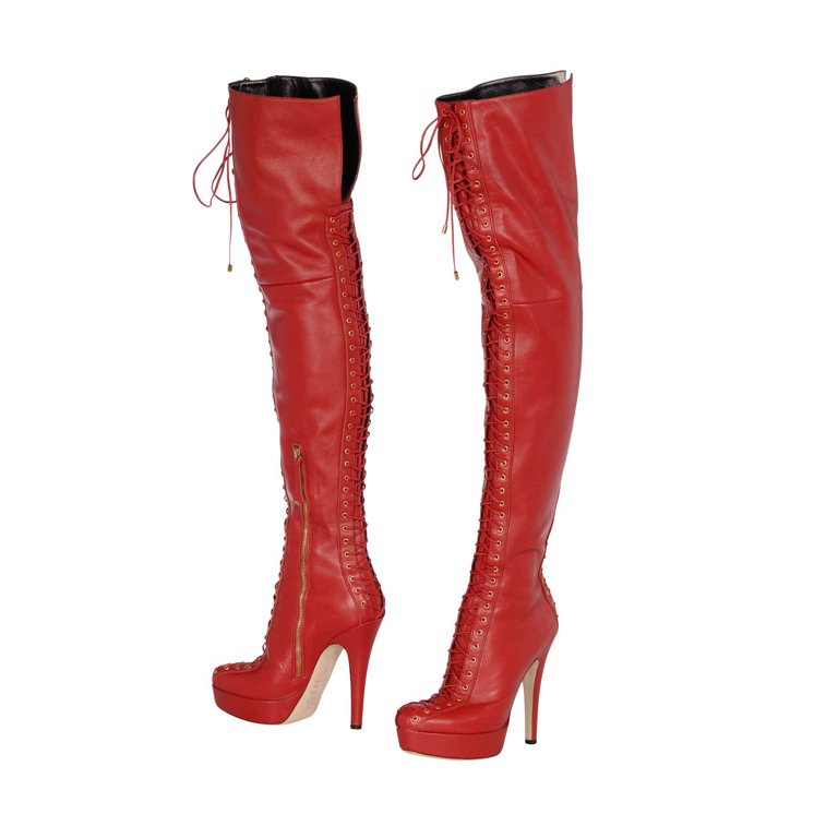 TAAFO Red Lace Up Thigh Platform Boots With Stiletto Heels