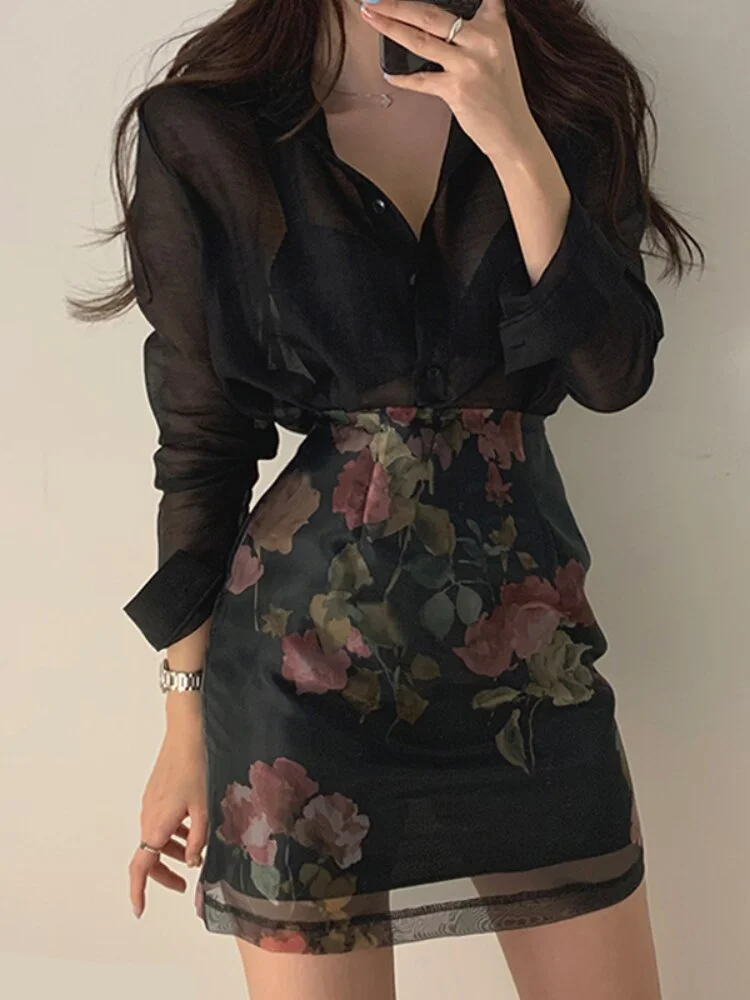 Woherb Korean Chic Translucent Thin Blouse Floral Print Pencil Skirts ...