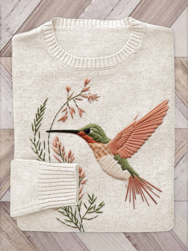 Hummingbird Embroidery Pattern Knit Sweater