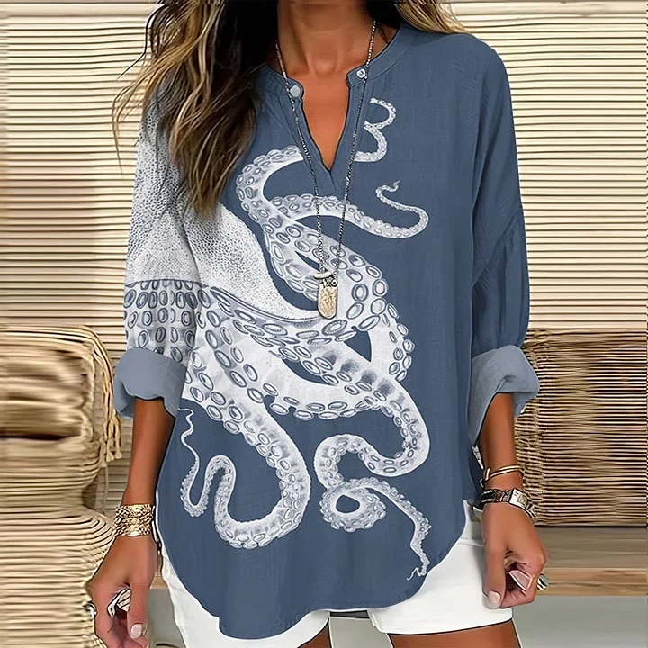 Japanese Art Octopus Print V-Neck Loose Blouse