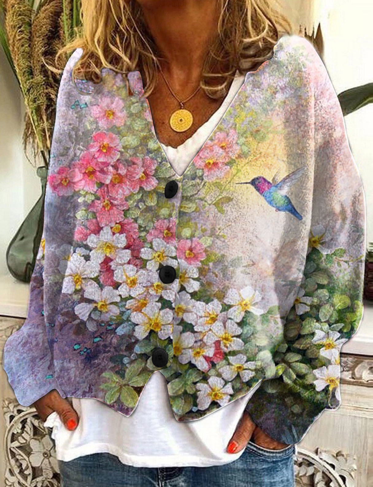 Women's Hummingbird Floral Print Long Sleeve Cardigan