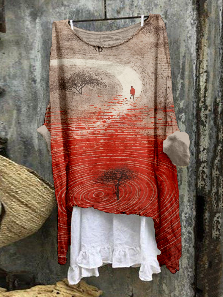 Vintage Zen Garden Art Pattern Linen Blend Flowy Tunic