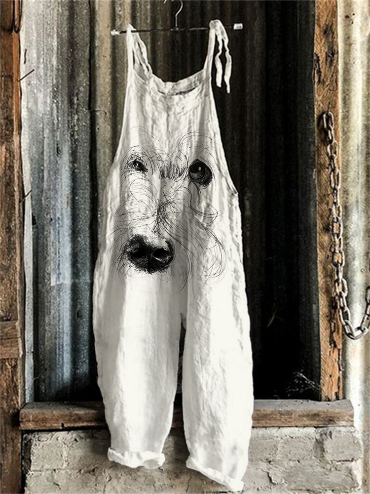 Fuzzy Dog Face Art Linen Blend Jumpsuit