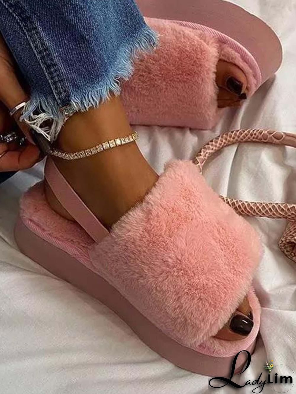 Fuzzy Platform Two-way Slingback Slippers - Ladylim