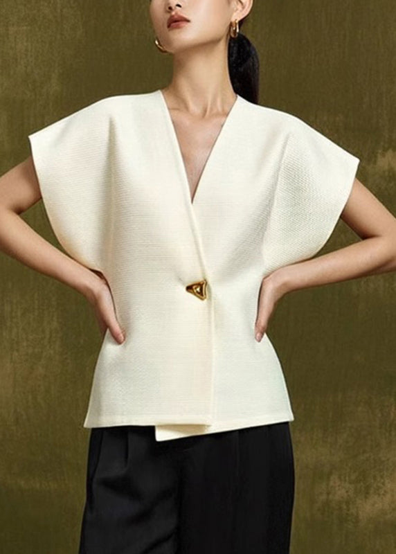 Elegant White V Neck Button Top Summer