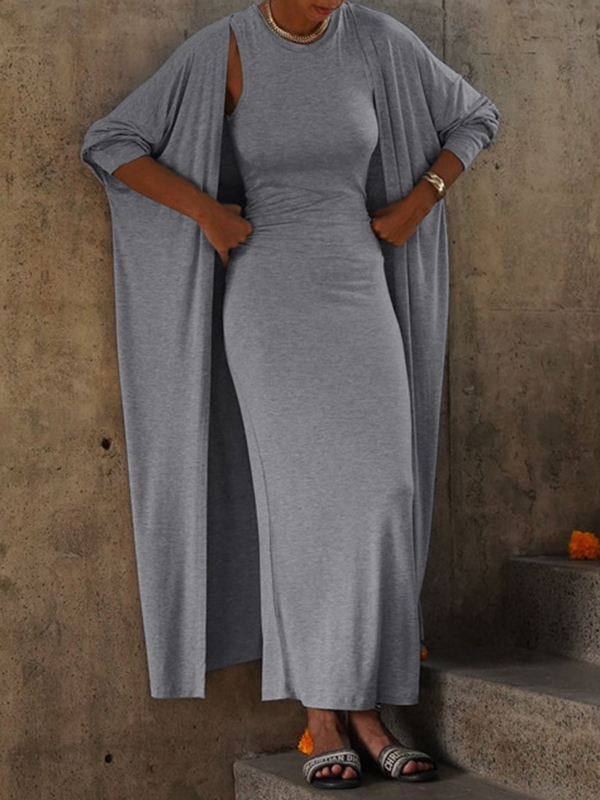 Long Sleeves Solid Color Round-Neck Inner Dress + Bodycon Outerwear Two ...