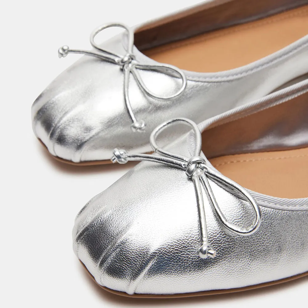 Metallic Silver Bow Embellished Ruched Square-Toe Ballet Flats