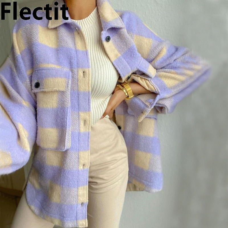 Check Overshirt Chic Pastel Purple Plaid Button Up Pocket Collared ...