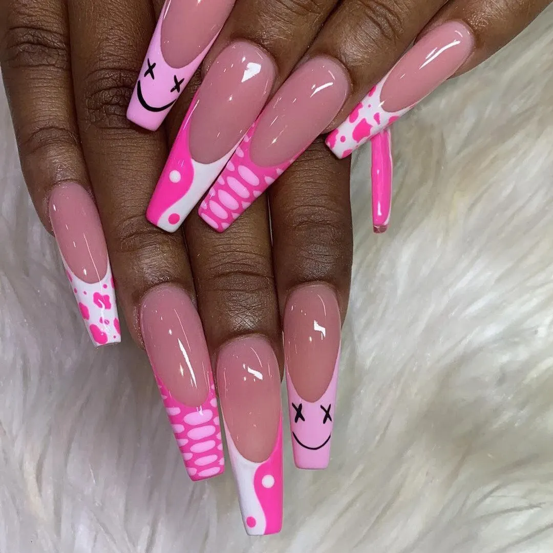 Churchf Coffin False Nails Grimace Pink French Ballerina Fake Nails ...