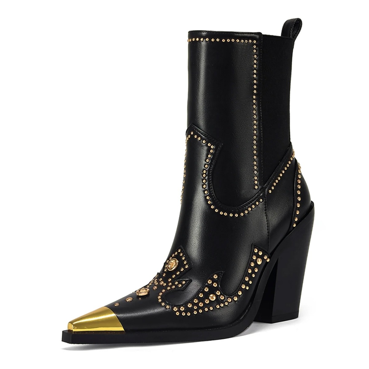 Black Metal Cap Toe Stud Embellished Block Heel Chelsea Short Booties