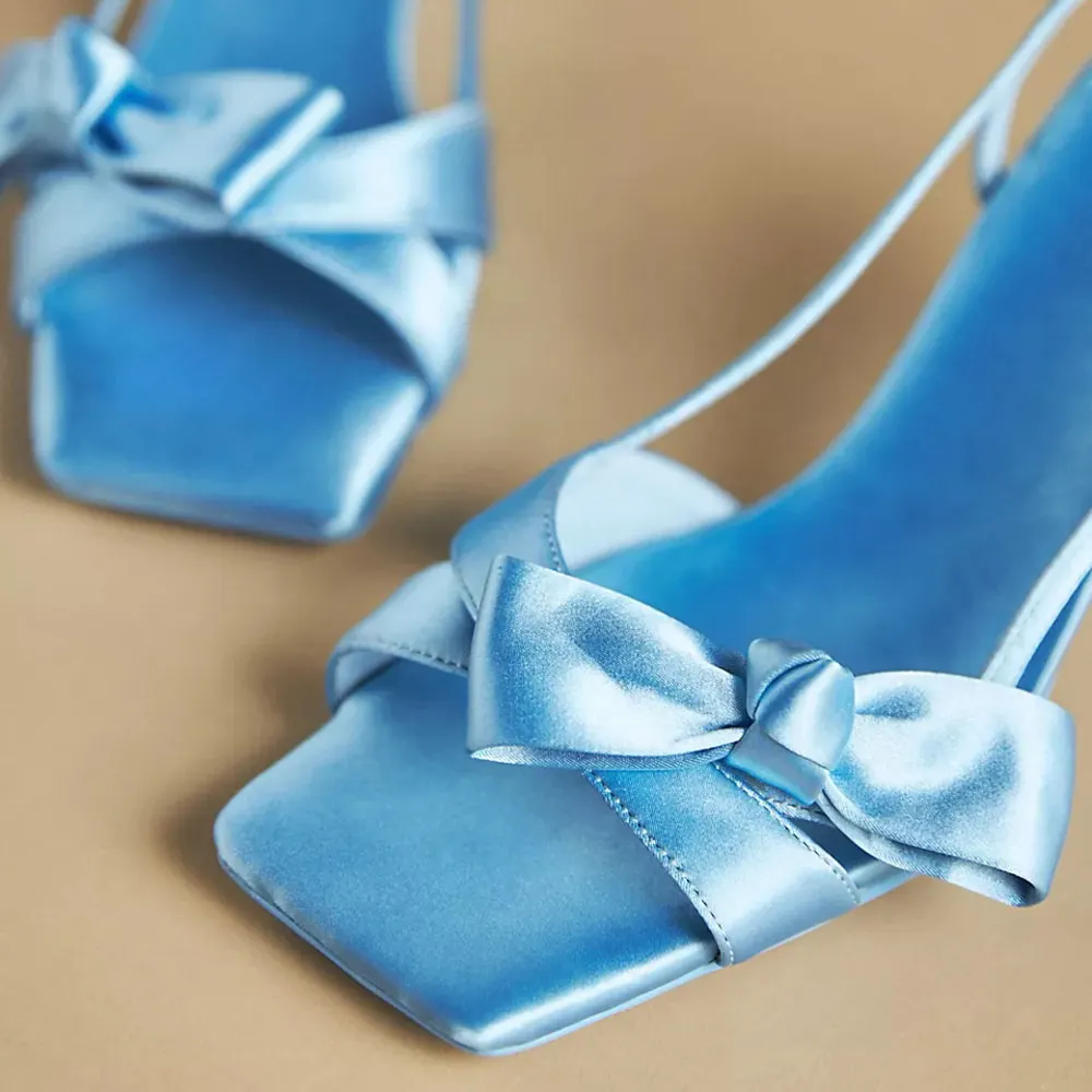 Sky Blue Satin Open Square Toe Slingback Kitten Heels with Bows