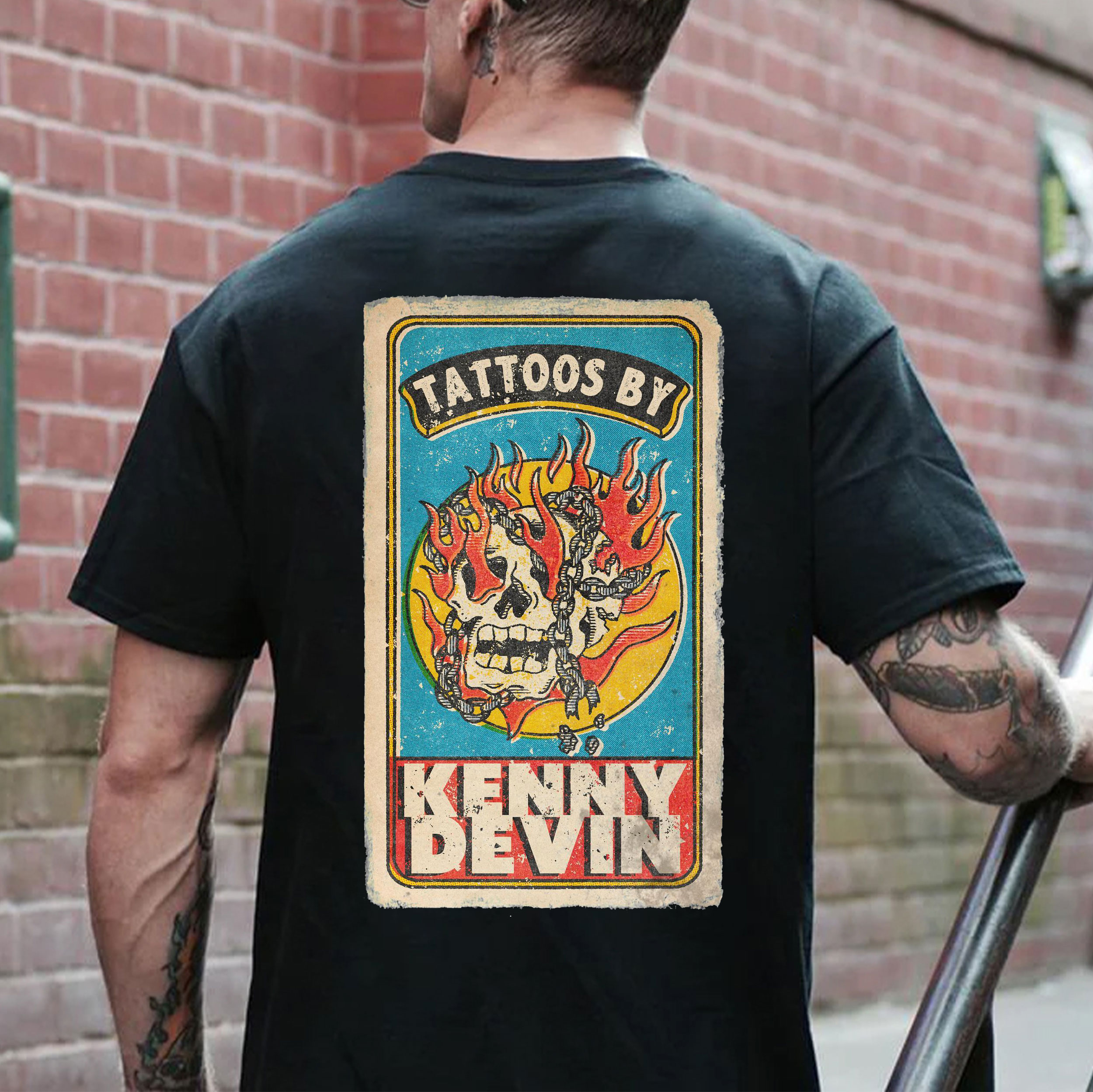 TATTOOS BY KENNY DEVIN Burning Skull Black Print T-shirt