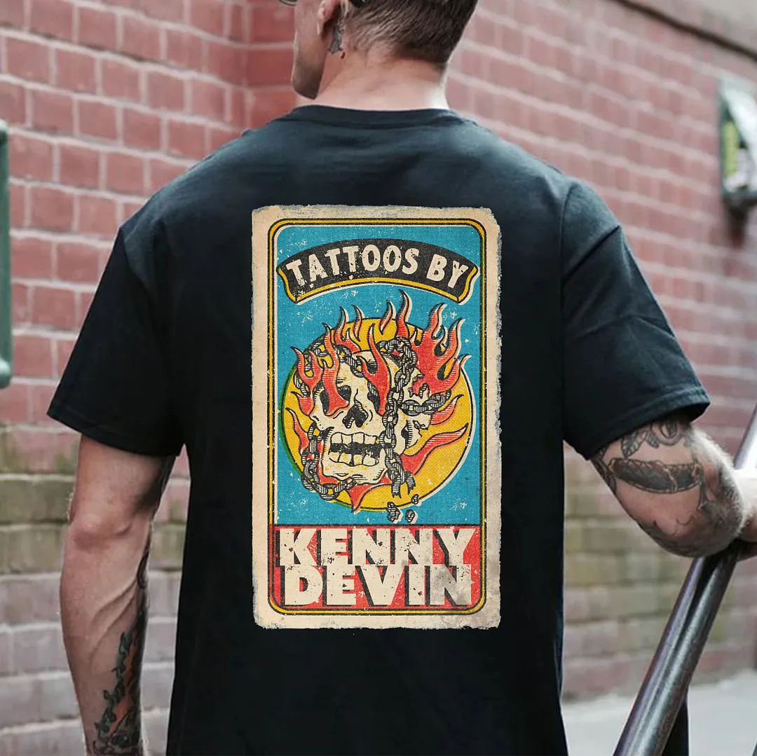 TATTOOS BY KENNY DEVIN Burning Skull Black Print T-shirt