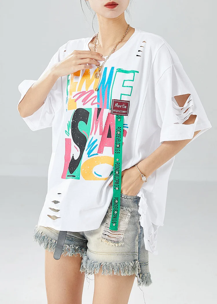 Modern White Oversized Ripped Cotton Beach Vest Summer