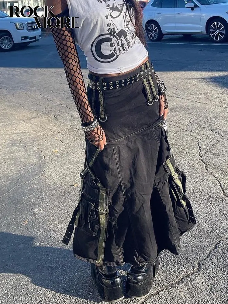 Wongn Grunge Fairycore Cargo Skirts Women Goth Punk Bandage Long Skirt ...