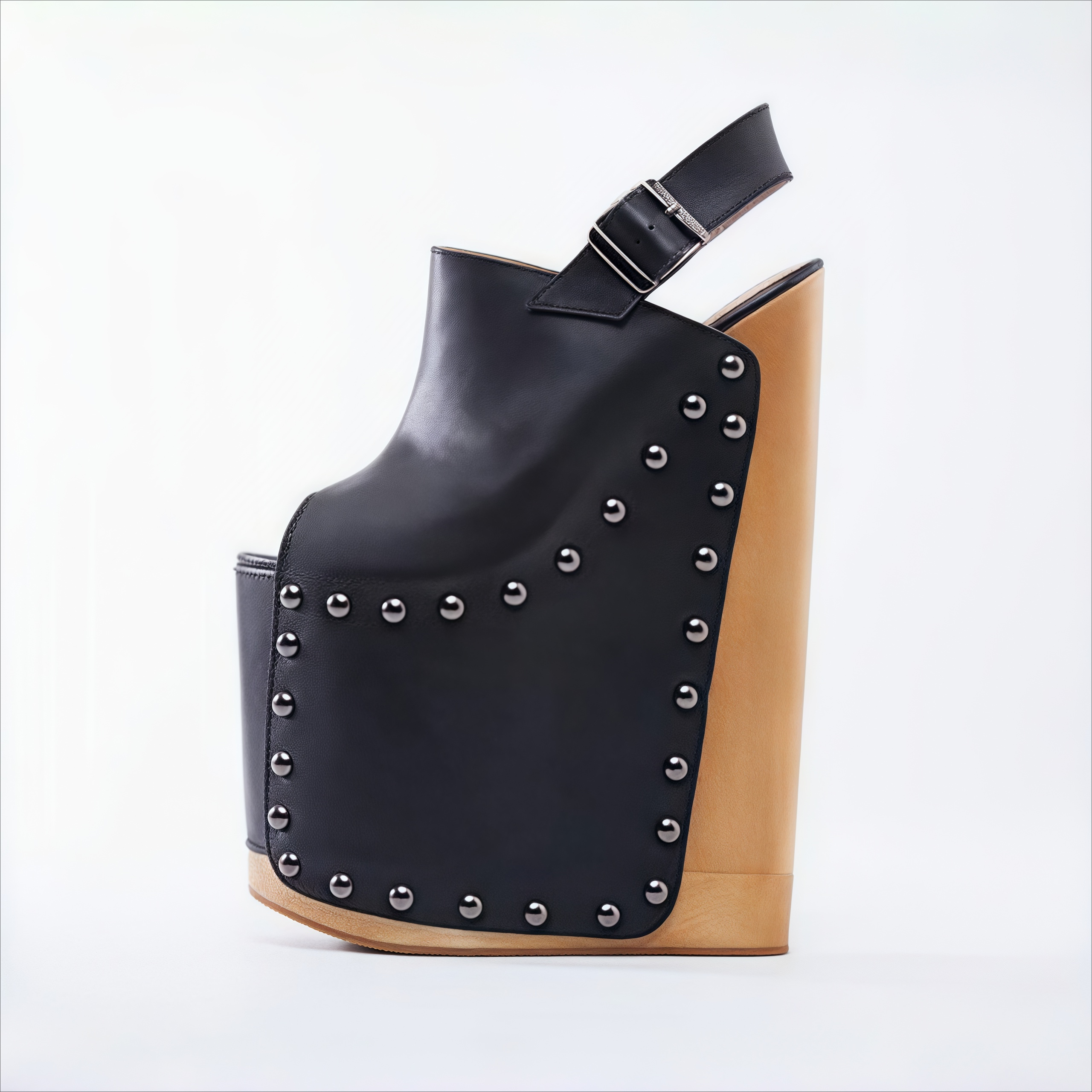 Ali 30cm Exremely High Wedge Rivet Leather Sandals In Black