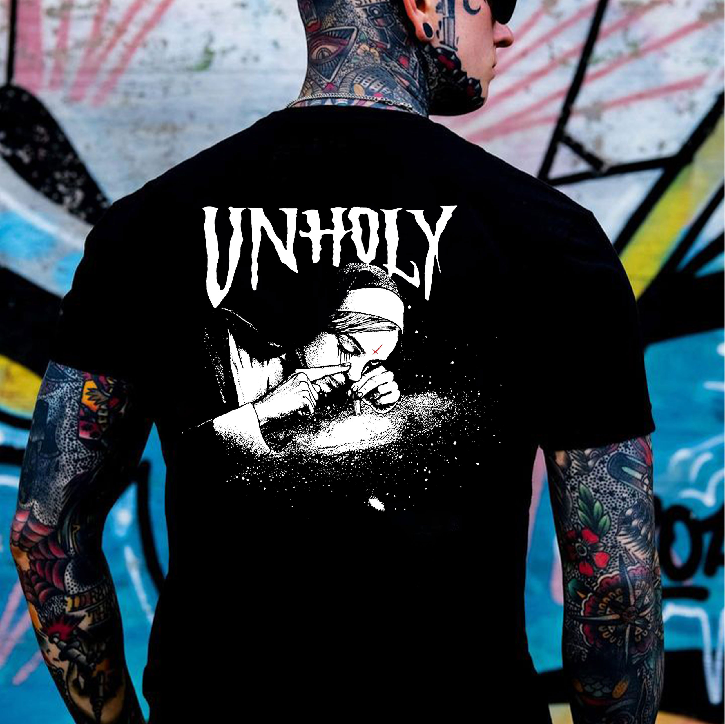 UNHOLY Nun Smoking Dark Style Black Print T-shirt
