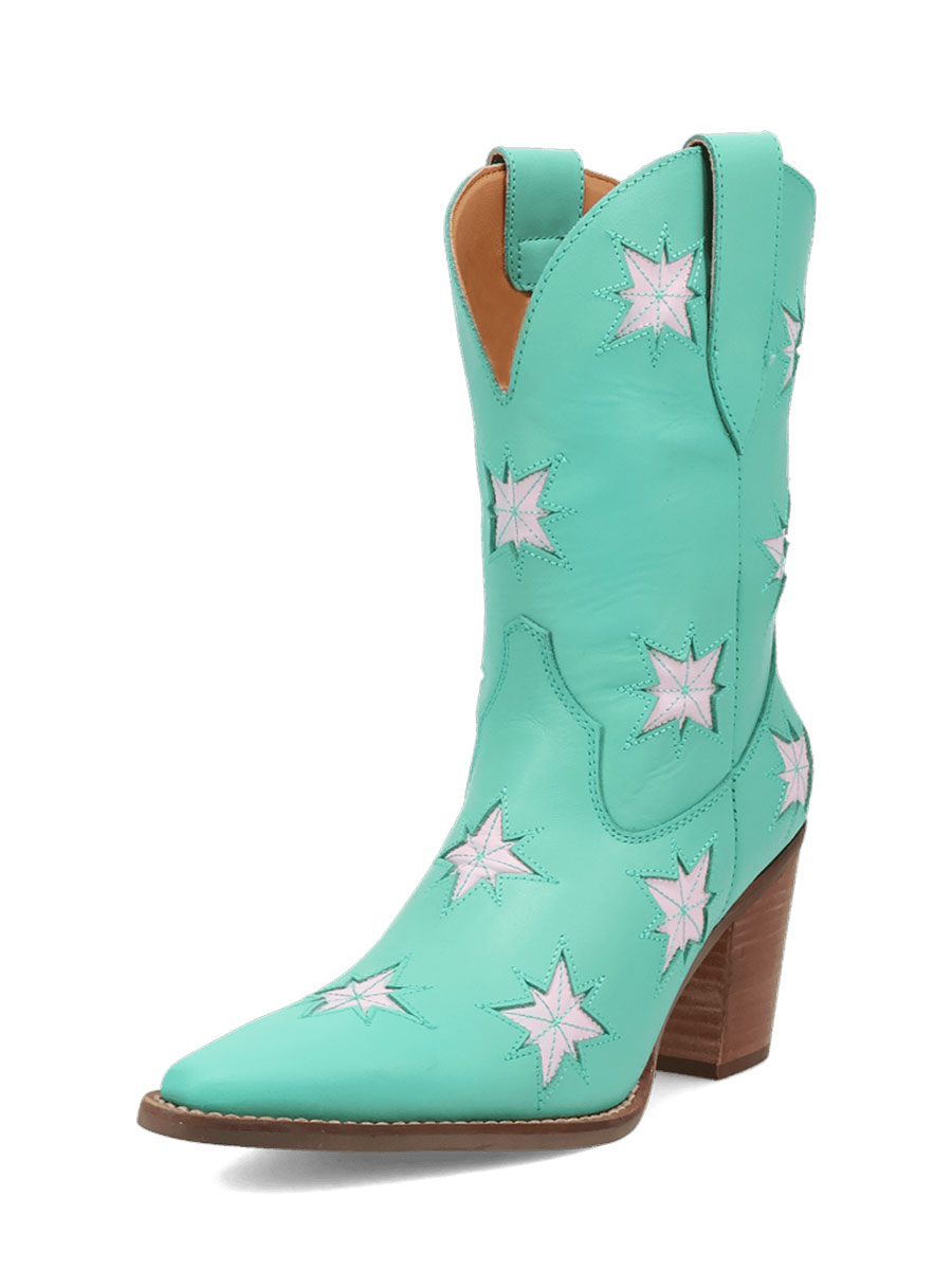 Turquoise Snip Toe Pull Tab Star Hollow Cowboy Boots for Women