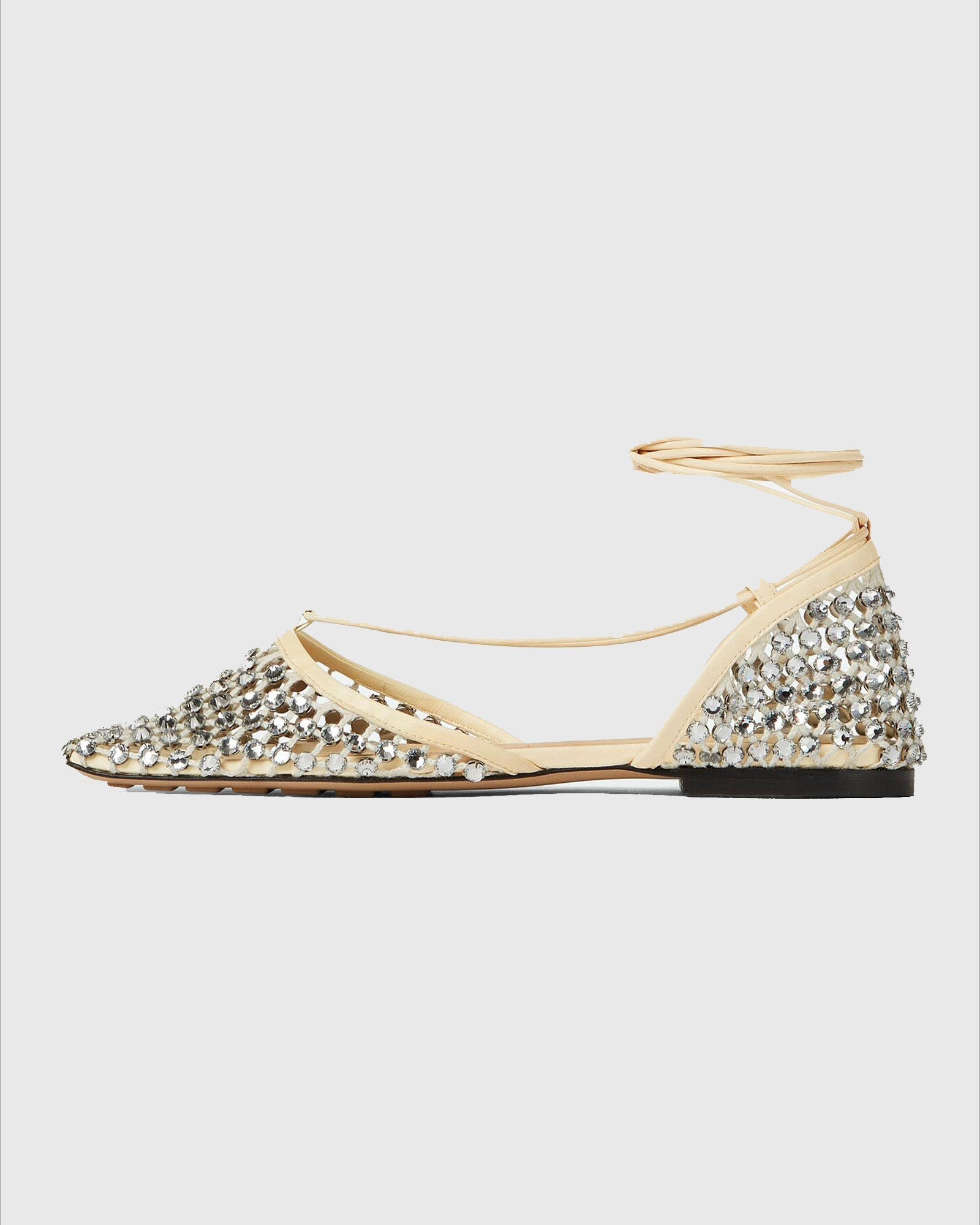Luca Rhinestone Embellished Fishnet Lace Up Square Toe Flats In Silver