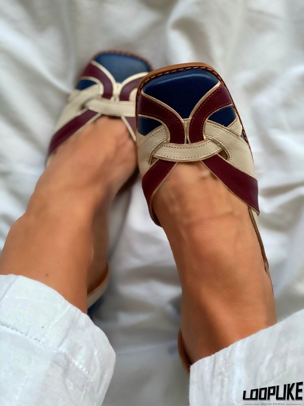Multicolor patchwork Mid-heel Square toe side ditch Sandals - LoopLike