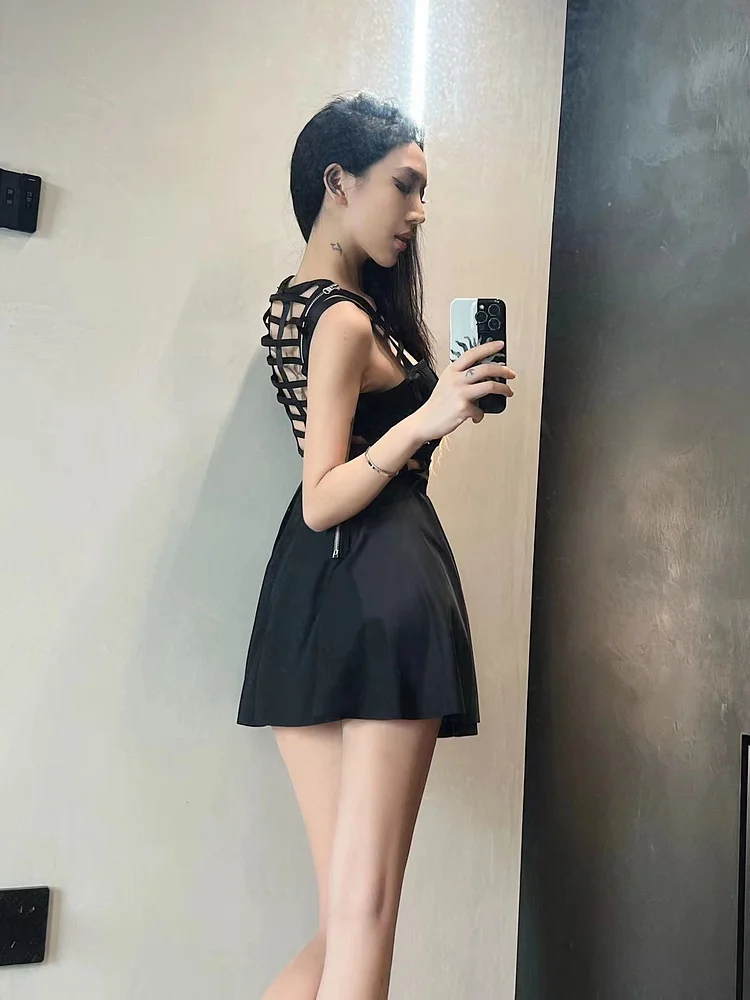 Gothic Dark Strips Bandaged Cutout Caged Dress