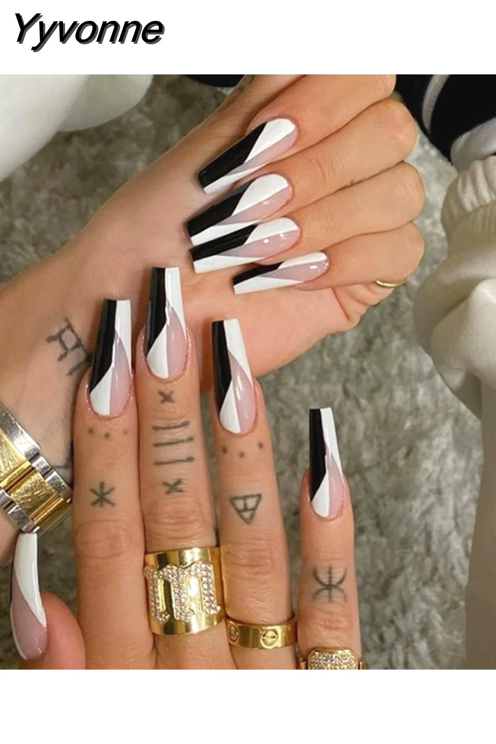 Yyvonne Rainbow Fake Nails With Designs Extra Long Coffin Ballerina