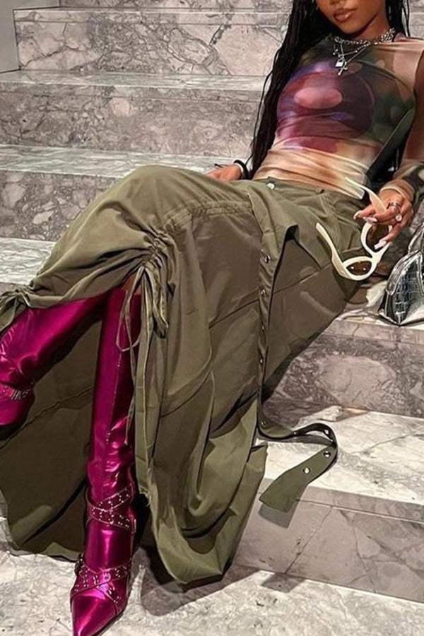 Statement Pocket Solid Color Asymmetric Drawstring Long Skirt