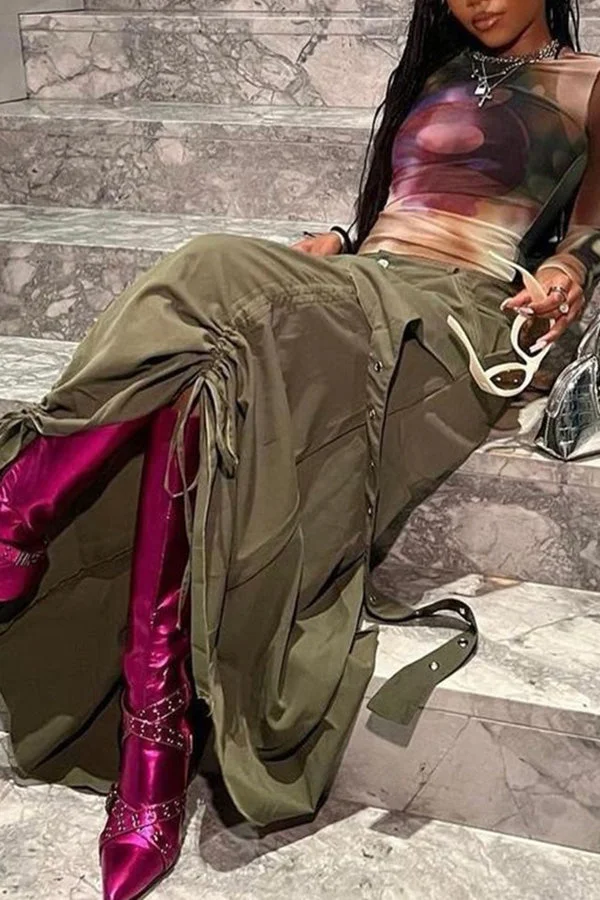 Statement Pocket Solid Color Asymmetric Drawstring Long Skirt