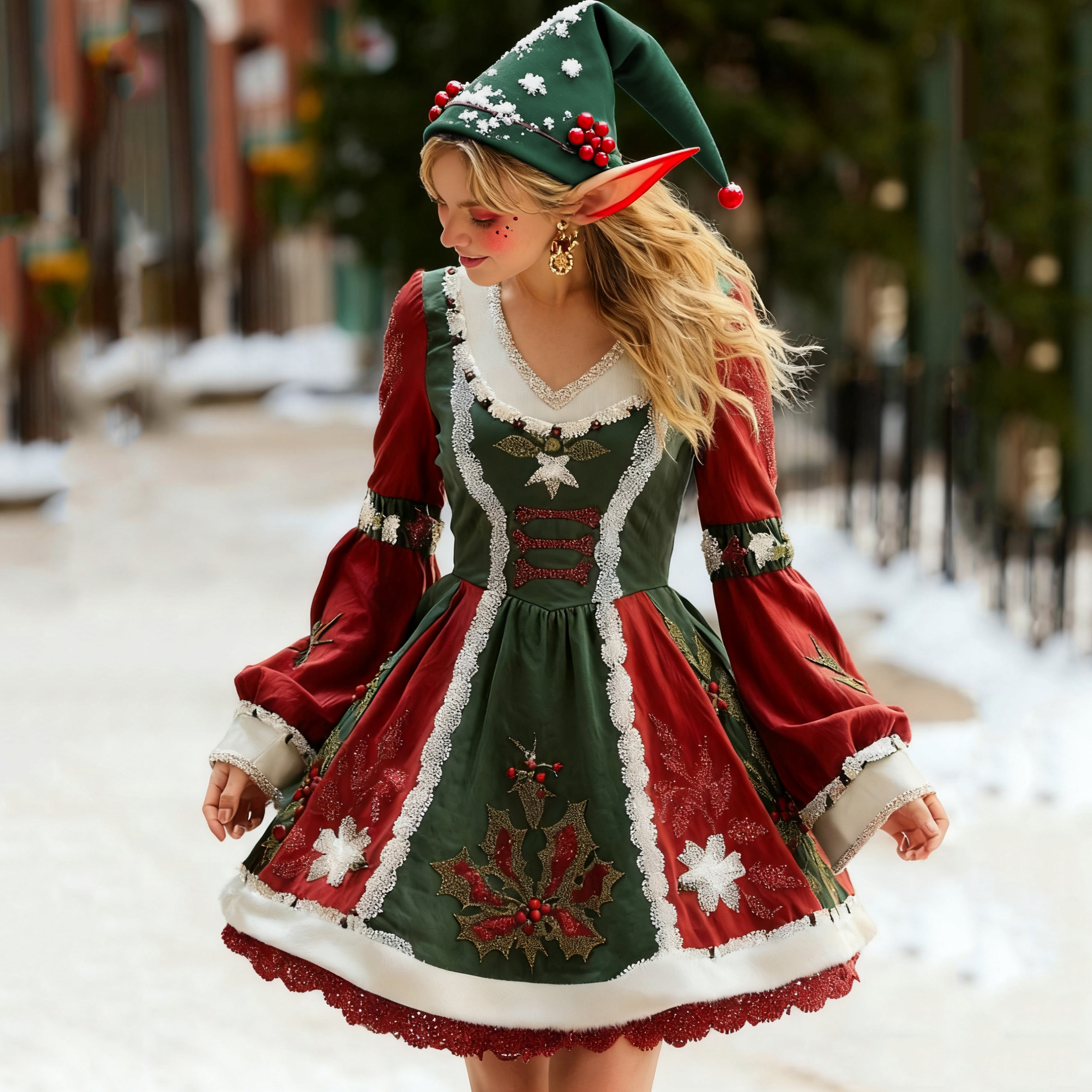 Women's Christmas Beaded Berry Print Elf Cosplay Midi Dress