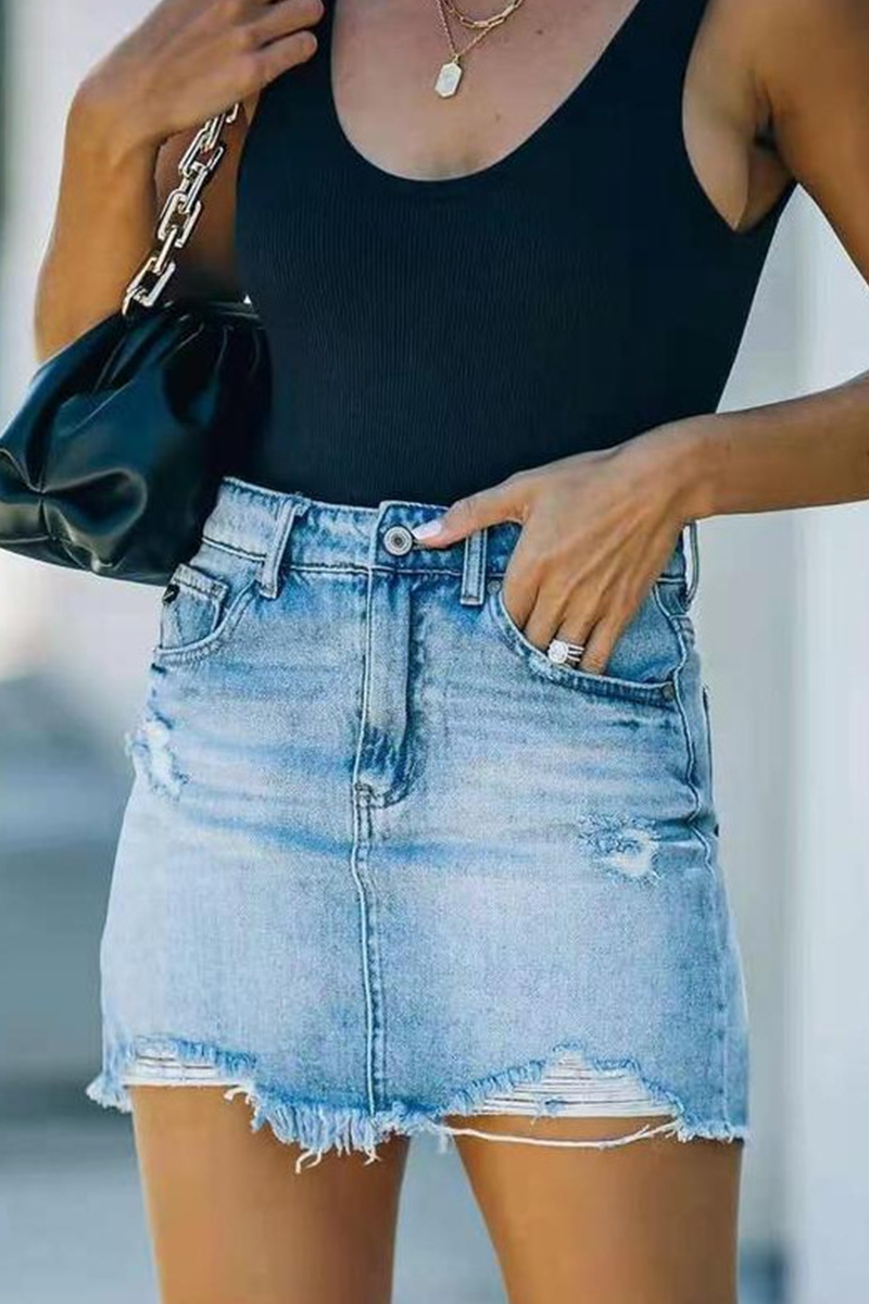 Street Solid Lace Ripped Denim Skirts - Ladylim