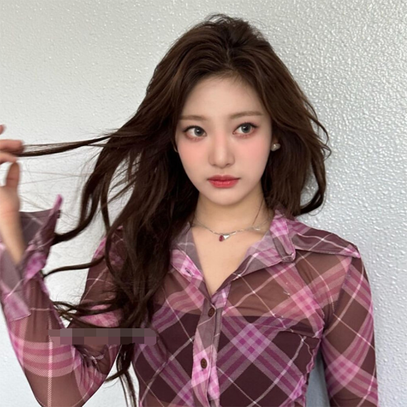 Uveng Cropped Plaid Shirts Women Y2K 2000S Sexy Mesh Sheer Long Sleeve ...