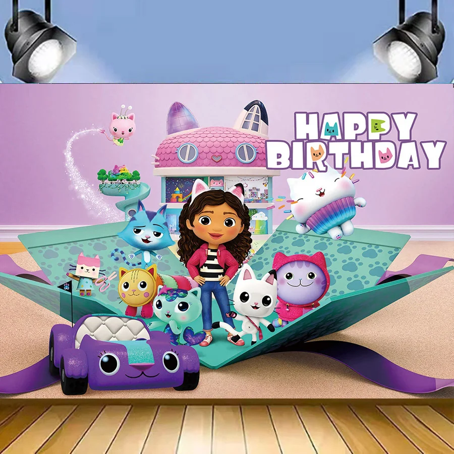 Free Custom Gabby's Dollhouse Happy Birthday Vinyl Backdrop for Girl