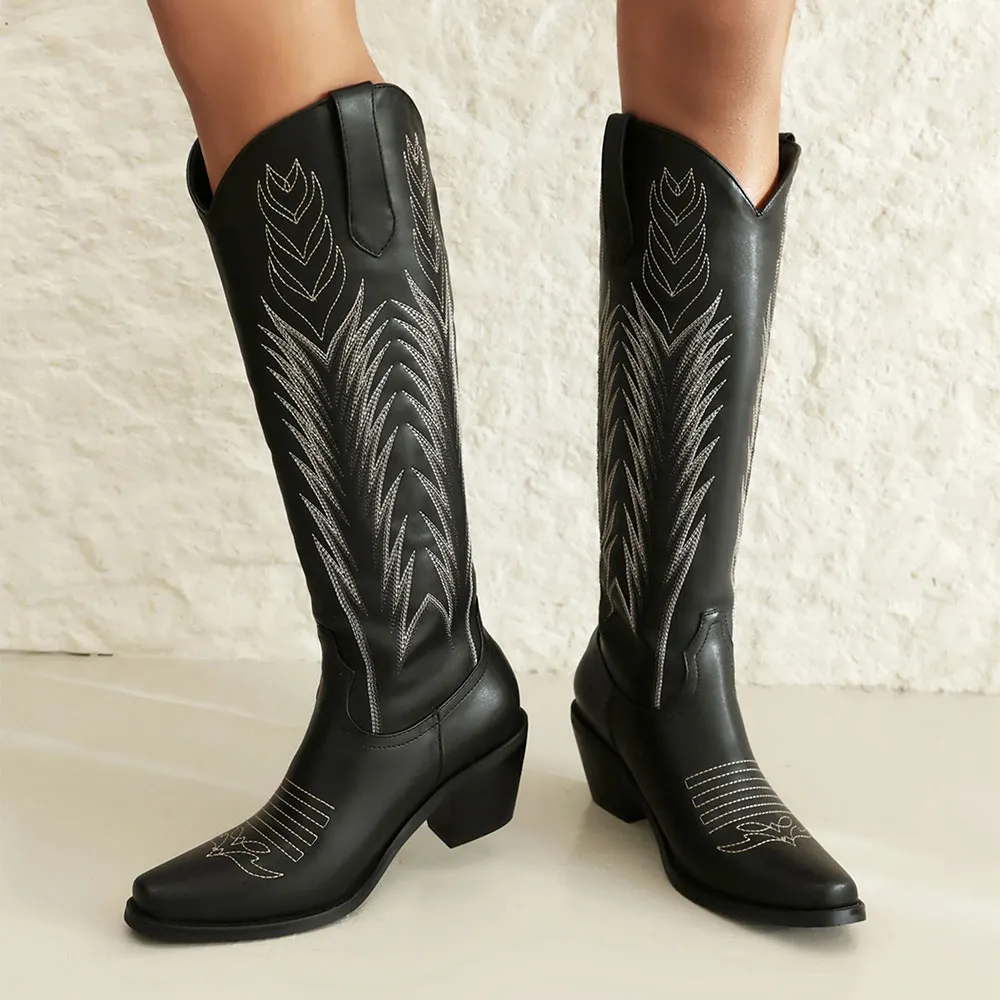 Black Snip Toe Chunky Heel Knee High Stitching Cowboy Boots for Women