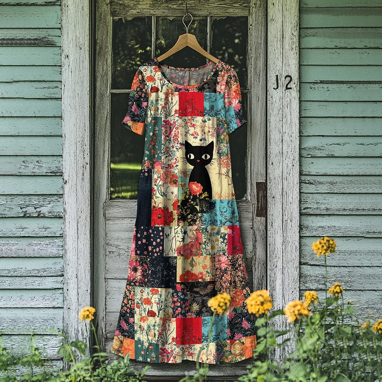 Vintage Cat Floral Patchwork Art Linen Maxi Dress