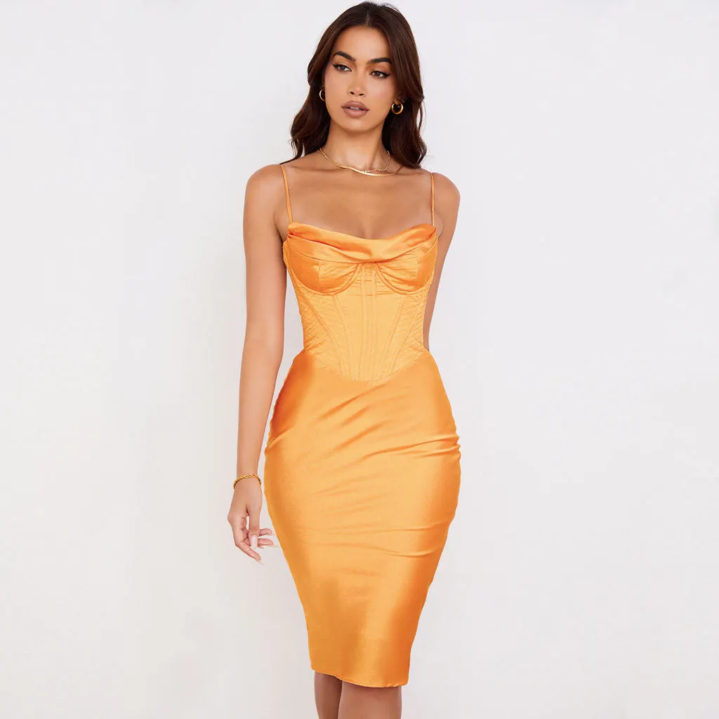 Glossy Satin Cowl Neck Underwire Bustier Corset Midi Dress - Burnt Orange