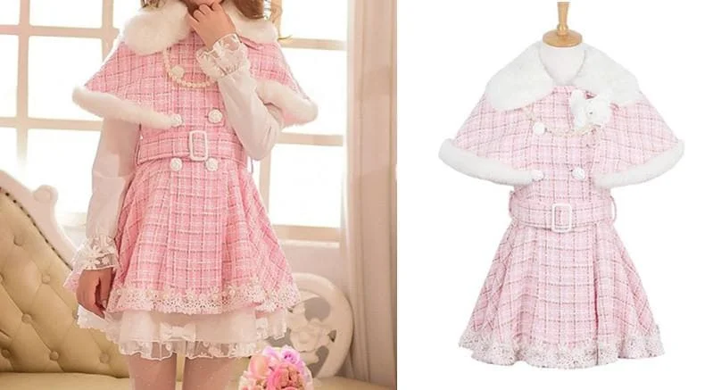 S/M/L Pinky Snow Santa Double-breasted Tweed Cape Coat SP153624