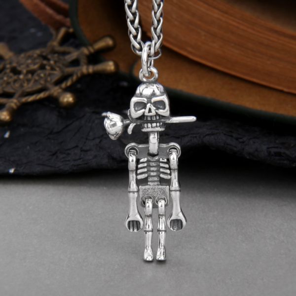 Sterling Silver Skeleton Biting The Rose Pendant Necklace