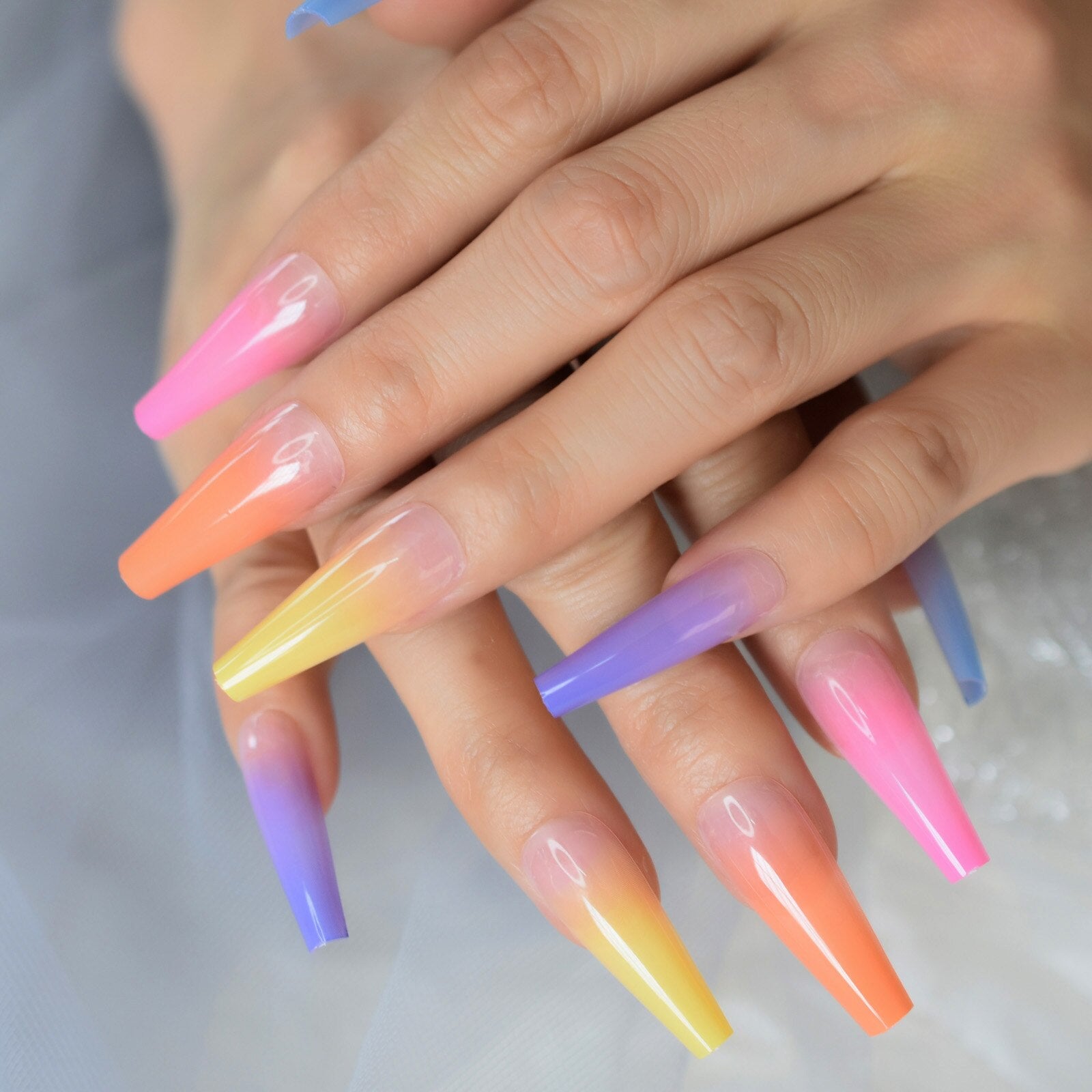 Rainbow Colorful Pre Designed Extra Long Nail Tips Fingernails Art Full ...