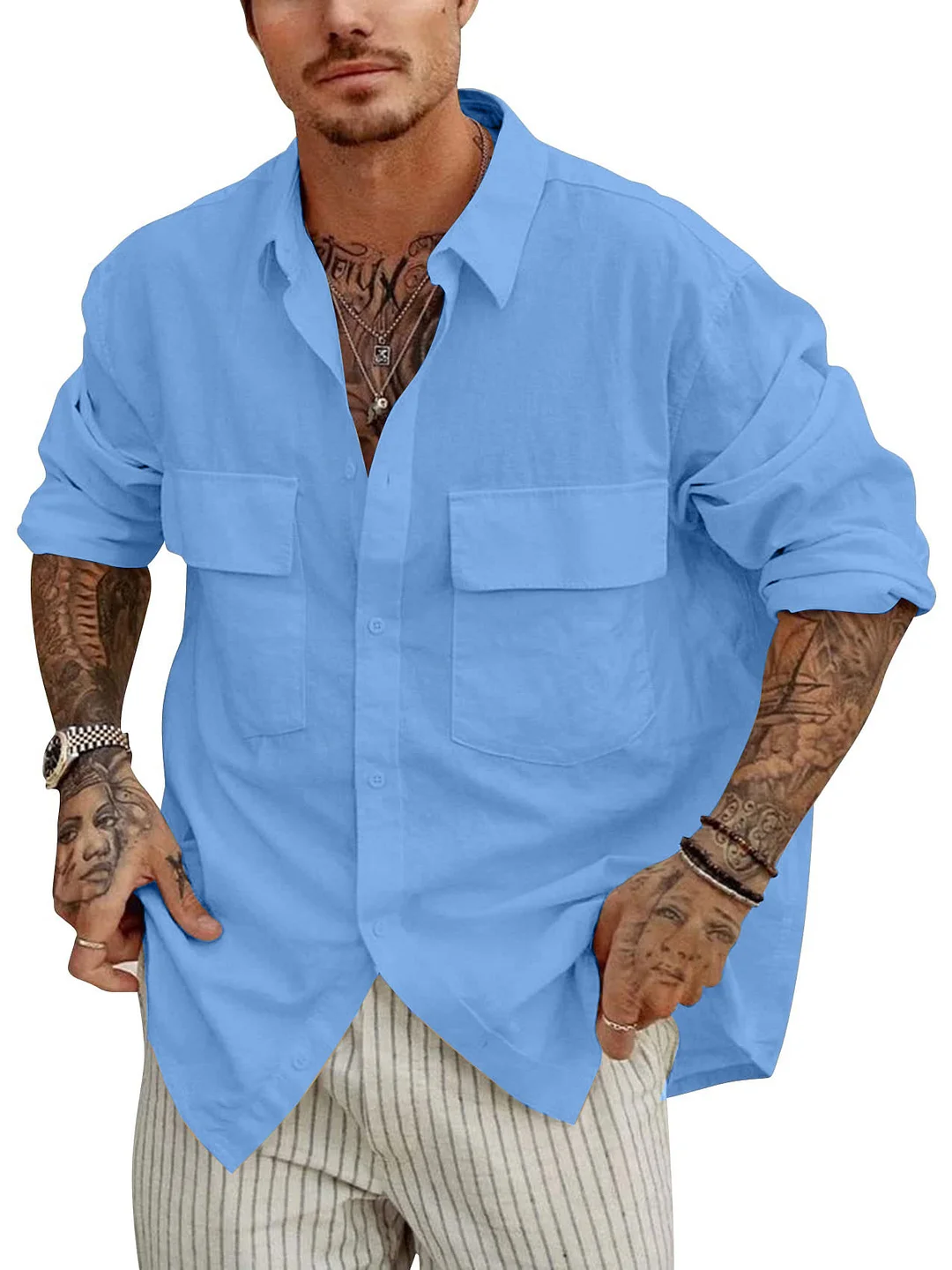 Men's Double Pocket Cotton Linen Solid Color Casual Everyday Long ...