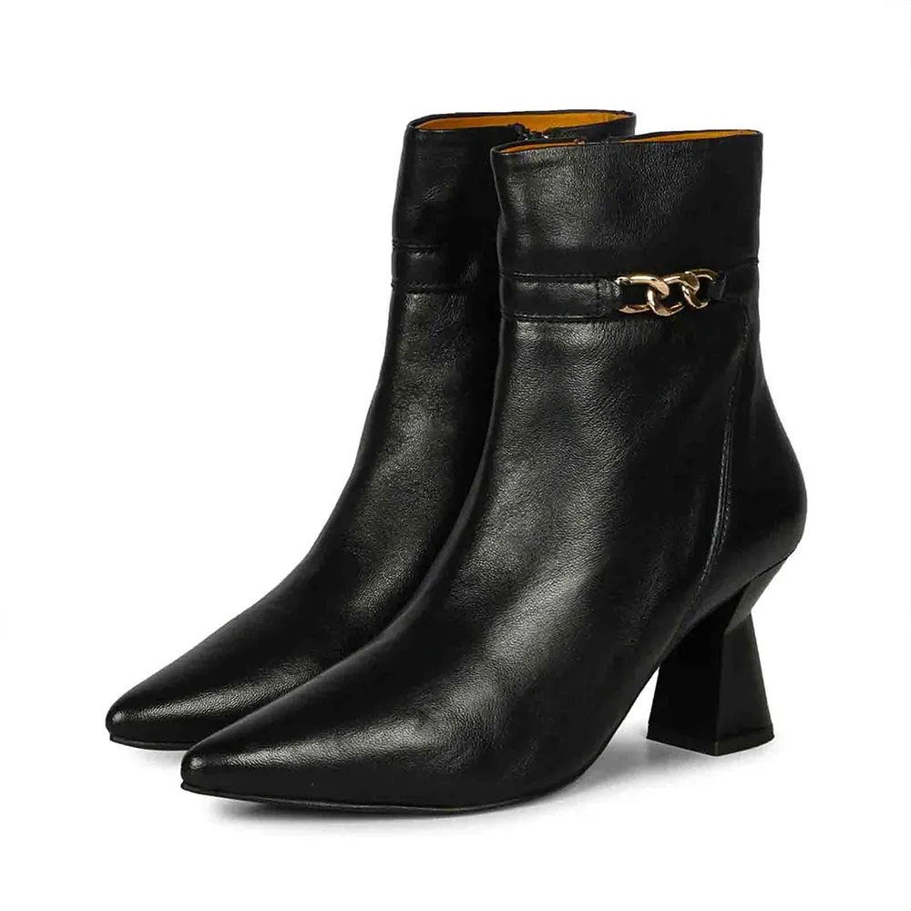 Black Pointed Toe Sculptural Heel Side Zipper Short Booties with Chain