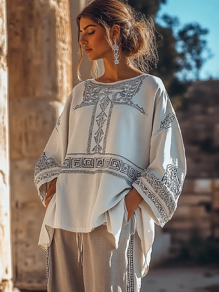 Vintage Greek Key Linen Blend Crew Neck T-shirt