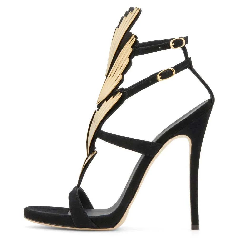 Black Faux Suede Triple Strappy Stiletto Heeled Elegant Sandals