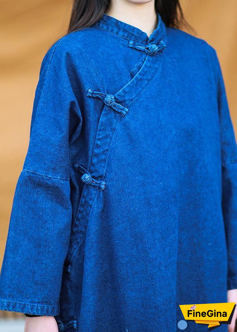 FineGina Loose stand collar Tunic Photography denim light blue Dress